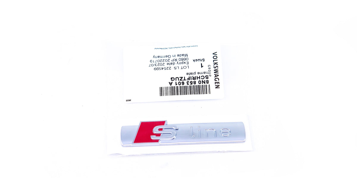 8N0853601A - S Line Emblem - Genuine Audi / Volkswagen– VAGPARTS Australia